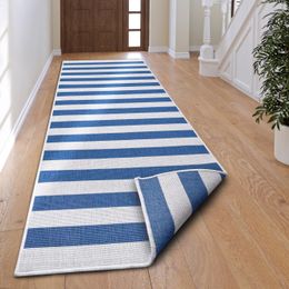 L&auml;ufer OTTO HOME "Alan Wendeteppich" Gr. 12, blau (blau, wei&szlig;), B:80cm H:5mm L:250cm, Kunstfaser, Teppiche, L&auml;ufer, Beidseitig nutzbar, Streifen, Scandi, wetterfest, f&uuml;r In- und Outdoor