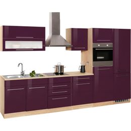 K&uuml;chenzeile KOCHSTATION "KS-Eton", lila (k&uuml;che: lila, korpus: eichefarben, arbeitsplatte: eichefarben), B:330cm T:60cm, Komplettk&uuml;chen-Sets, K&uuml;chenzeile, mit E-Ger&auml;ten, Breite 330 cm
