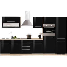 K&uuml;chenzeile KOCHSTATION "KS-Eton", schwarz (k&uuml;che: schwarz, korpus: eichefarben, arbeitsplatte: eichefarben), B:330cm T:60cm, Komplettk&uuml;chen-Sets, K&uuml;chenzeile, mit E-Ger&auml;ten, Breite 330 cm