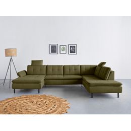 Wohnlandschaft Home Affaire "Birkholm U-Form", gr&uuml;n (olive), B:347cm H:83cm T:226cm, 98% Polyester 2% Polyamid, Sofas, Wohnlandschaft, Armlehnverstellung, auch in Easy Clean Bezug - mit Wasser zu reinigen