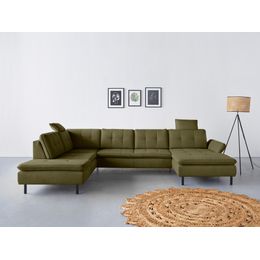 Wohnlandschaft Home Affaire "Birkholm U-Form", gr&uuml;n (olive), B:347cm H:83cm T:226cm, 98% Polyester 2% Polyamid, Sofas, Wohnlandschaft, Armlehnverstellung, auch in Easy Clean Bezug - mit Wasser zu reinigen