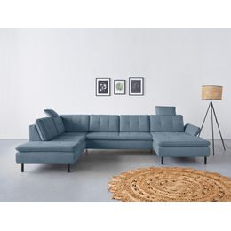 Wohnlandschaft Home Affaire "Birkholm U-Form", blau (hellblau), B:347cm H:83cm T:226cm, 98% Polyester 2% Polyamid, Sofas, Wohnlandschaft, Armlehnverstellung, auch in Easy Clean Bezug - mit Wasser zu reinigen