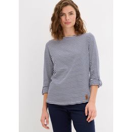 Langarmshirt bonprix "Langarmshirt aus reiner Baumwolle", Damen, Gr. 52/54 (XXL), dunkelblau, wei&szlig; gestreift, Web, Obermaterial: 100% Baumwolle, bequem normal, U-Boot-Ausschnitt, Aufschlag, Shirts Langarmshirt, bequeme Passform, Langarm, f&uuml;r Alltag, aus reiner Baumwolle