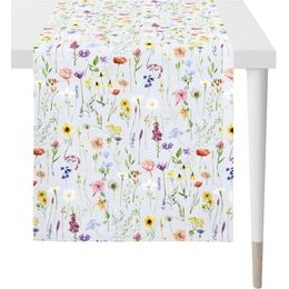 Tischl&auml;ufer Apelt "6815 SPRINGTIME, Fr&uuml;hjahrsdeko, Fr&uuml;hling", bunt (hellblau, bunt), B:48cm L:140cm, Baumwolle, Polyester, Tischdecken, Digitaldruck, mit Fr&uuml;hjahrsbl&uuml;ten, wie auf einer Streublumenwiese