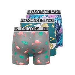 Only & Sons Trunk ONLY & SONS "ONSFITZ AOP WB BOLD BOXER 3PACK NOOS", Herren, Gr. M, 3 Stk., navy blazer pack:flowers, fries, flamingo, Jersey, Obermaterial: 95% Baumwolle, 5% Elasthan, bedruckt, unifarben, normal, Unterhosen, Baumwollmischung, eng anliegend