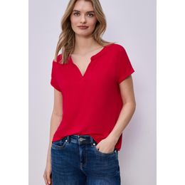 T-Shirt Street One, Damen, Gr. 42, salsa rot, Stoff, 95% Viskose, 5% Elasthan, unifarben, normal normal, Rundhals, B&uuml;ndchen, Shirts T-Shirt, mit geschlitztem Rundhalsausschnitt