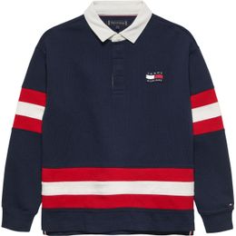 Langarm-Poloshirt Tommy Hilfiger "HILFIGER GRAPHIC RUGBY POLO LS", Jungen, Gr. 14 (164), schwarz night navy, Jersey, Obermaterial: 100% Baumwolle, unifarben mit Farbeins&auml;tzen, regular fit normal, hoch geschlossener Ausschnitt, angesetztes B&uuml;ndchen, Shirts, Kinder bis 16 Jahre, R&uuml;ckenprint, Kontrastdetails