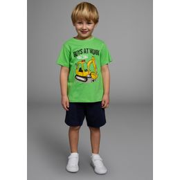 Shirt & Shorts Kidsworld "2tlg. Set T-Shirt+Sweatbermudas", Jungen, Gr. 140/146, gr&uuml;n (gr&uuml;n, marine), Interlock, Obermaterial: 100% Baumwolle. Obermaterial Hose: 100% Baumwolle, bedruckt, KOB Set-Artikel, BOYS AT WORK