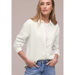 Hemdbluse Street One, Damen, Gr. 42, sanftes wei&szlig;, Web, 100% Baumwolle, unifarben, normal normal, V-Ausschnitt, B&uuml;ndchen, Blusen Hemdbluse, aus reiner Baumwolle