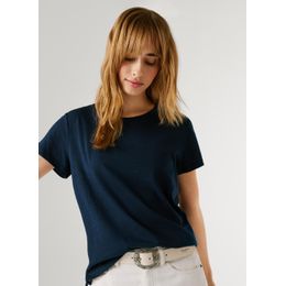 T-Shirt Pepe Jeans "MEGAN", Damen, Gr. S, blau (dulwich blau), Leinenmischung, Obermaterial: 50% Baumwolle, 50% Leinen, unifarben, Basic h&uuml;ftlang, Rundhals, abgesteppte Kante, Shirts T-Shirt, mit Leinenanteil, Logostickerei auf der Brust