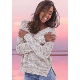 V-Ausschnitt-Pullover Buffalo, Damen, Gr. 40/42, braun, creme, Strick, Obermaterial: 100% Polyester, meliert, figurumspielend h&uuml;ftlang, tiefer V-Ausschnitt, Strickb&uuml;ndchen, Pullover, aus weichem Chenille, Strickpullover, kuschelig weich
