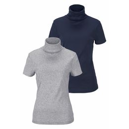 Rollkragenshirt Flashlights, Damen, Gr. 32/34 (XS), blau (grau, meliert, marine), Rippware, Obermaterial Melange: 95% Baumwolle, 5% Viskose. Obermaterial Uni: 100% Baumwolle, meliert, Basic, eng, abgesteppt, Shirts, eng geschnitten, aus elastischem Material, im 2er-Pack