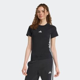 T-Shirt adidas Sportswear "HOLIDAY 3-STREIFEN SCHMAL GESCHNITTENES", Damen, Gr. L, schwarz (schwarz, silber metallic), Obermaterial: 100% Baumwolle, Rundhals, Shirts T-Shirt, schmal geschnittene Passform, Rundhalsausschnitt