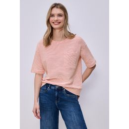 T-Shirt Street One, Damen, Gr. 38, salsa rot, Web, 77% Baumwolle, 20% Polyester, 3% Elasthan, gestreift, normal normal, Rundhals, abgesteppt, Shirts T-Shirt, mit Brusttasche