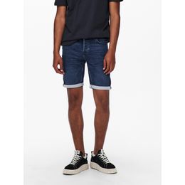 Only & Sons Jeansshorts ONLY & SONS "ONSPLY LIGHT BLUE 5189 SHORTS DNM NOOS", Herren, Gr. XXL, N-Gr, blau (blau denim), Denim/Jeans, Obermaterial: 72% Baumwolle, 26% Polyester, 2% Elasthan, unifarben, Basic schmal, Jeans Jeansshorts