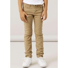 R&ouml;hrenhose name it "NKMTHEO f&uuml;r Jungen mit verstellbarem Bund und schmaler Silhouette", Jungen, Gr. 98, N-Gr, braun (kelp), Twill, Obermaterial: 98% Baumwolle, 2% Elasthan, unifarben, slim fit kn&ouml;chellang, Hosen, slim fit, Twill, Rei&szlig;verschluss, uni