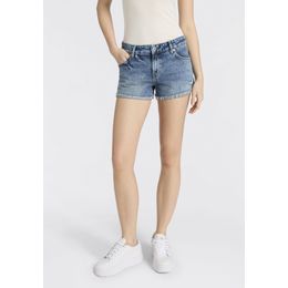 Jeansshorts HUGO BLUE "Galimon", Damen, Gr. 27, N-Gr, medium blau 428, Denim/Jeans, Obermaterial: 100% Baumwolle, Destroyed-Effekte, unifarben, kurz, Jeans Jeansshorts, Mid Rise, geschnittener Saum