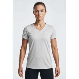 Trainingsshirt Under Armour "TECH SSV- TWIST", Damen, Gr. M, grau, Obermaterial: 100% Polyester, normal, V-Ausschnitt, Shirts, Kurzarm, atmungsaktiv, schnell trocknend, mit V-Ausschnitt