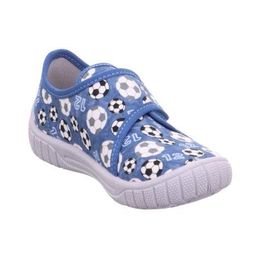 Hausschuh Superfit "BILL, WMS: mittel", M&auml;dchen, Gr. 25, blau (blau, kombiniert), Baumwolle, Schuhe Hausschuh, Klettschuh mit Klettverschluss, Gr&ouml;&szlig;enschablone zum Download