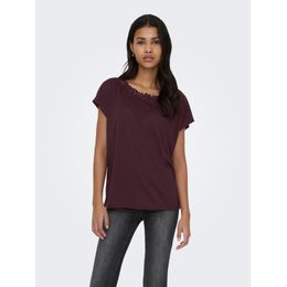 Spitzenshirt Only "ONLWINNIE S/S TOP CS JRS", Damen, Gr. L, lila (winetasting), Jersey, Obermaterial: 100% Polyester, unifarben, regular fit normal, Rundhals, Shirts, Polyester, regular fit