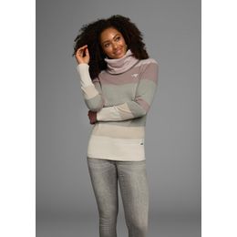 Rollkragenpullover Kangaroos, Damen, Gr. 32/34, beige (beige, rosa), Strick, Obermaterial: 50% Baumwolle, 50% Polyacryl, gestreift, meliert, figurbetont h&uuml;ftlang, Rippb&uuml;ndchen, Pullover Rollkragenpullover, gestreift mit hohem Stehkragen