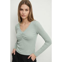 Langarmshirt Only "ONLBETTY LIFE L/S SCALLOP V-NECK CC JRS", Damen, Gr. S, jadeite, Jersey, Obermaterial: 95% Baumwolle, 5% Elasthan, unifarben, h&uuml;ftlang, V-Ausschnitt, Shirts Langarmshirt, mit Raffung am Ausschnitt