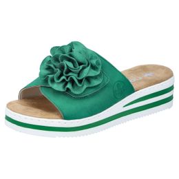 Pantolette Rieker, Damen, Gr. 38, gr&uuml;n (smaragd), Lederimitat, Textil, unifarben, Schuhe Pantolette, Sommerschuh, Poolslide, Strandschuh, Keilabsatz, mit Klettverschluss
