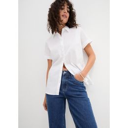 Kurzarmbluse bonprix "Stretch-Kurzarmbluse aus Baumwollmix", Damen, Gr. 44, wei&szlig;, Web, Obermaterial: 72% Baumwolle, 26% Polyamid, 2% Elasthan, unifarben, slim fit normal, gerader Abschluss, Blusen, schmale Passform, mit Hemdblusenkragen, unifarben, Kurzarm