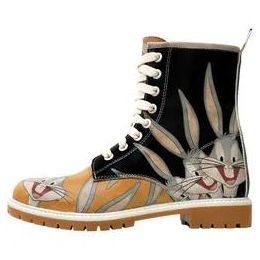 Schn&uuml;rboots DOGO "Wb Longe Boots Schn&uuml;rstiefel Looney Tunes Ski Club Damen", Damen, Gr. 38, Normalschaft, gelb, Lederimitat, Schuhe Schn&uuml;rboots, Handgefertigt