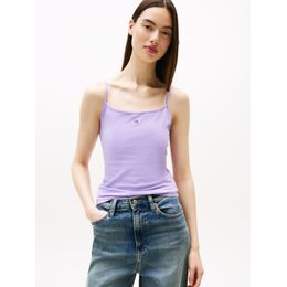 Spaghettitop Tommy Jeans "TJW ESSENTIAL STRAP TOP EXT", Damen, Gr. XL (42), lila (ophelia lila), Jersey, Obermaterial: 99% Baumwolle, 1% Elasthan, unifarben, Basic, slim fit kurz, Rundhals, Tops, mit Logostickerei, Slim Fit