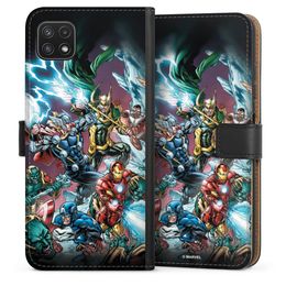 DeinDesign Galaxy A22 5G Handy Klapph&uuml;lle Handyh&uuml;lle aus Kunst Leder schwarz Flip Case Marvel Comic Avengers Sideflip mit langer Lasche