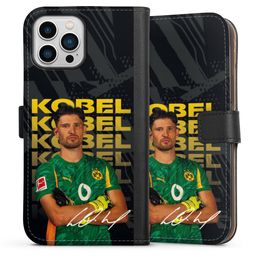 DeinDesign iPhone 13 Pro Max Handy Klapph&uuml;lle Handyh&uuml;lle aus Kunst Leder schwarz Flip Case Borussia Dortmund Gregor Kobel Bvb Sideflip mit langer Lasche