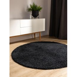 benuta Basic Waschbarer Hochflor Shaggyteppich Soho Schwarz &oslash; 80 cm rund - Bettvorleger f&uuml;r Schlafzimmer