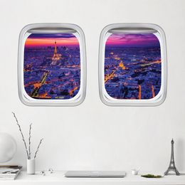 3D Wandtattoo Fensterblick Fenster Flugzeug Paris bei Nacht Fenster Wandsticker 3D-Optik Wandaufkleber Fenster Ausblick in S-XXL 3D-Effekt