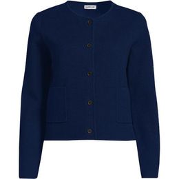 LANDS' END Kragenloser Feinstrick-Blazer, Damen,  Blau, Baumwolle, by Lands' End