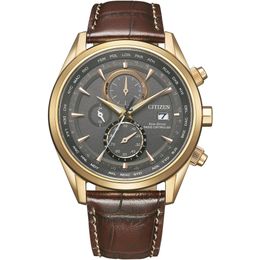 Funk-Multifunktionsuhr Citizen, braun (braun, anthrazit), Armbanduhren, Herren, Funk-Multifunktionsuhr, Armbanduhr, Herrenuhr, Solar, Lederarmband, Saphirglas, Datum