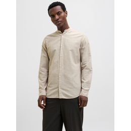 Jack & Jones Langarmhemd JACK & JONES "JJEBREEZE BAND SHIRT LS SN", Herren, Gr. S, N-Gr, beige (crockery), Web, Obermaterial: 70% Baumwolle, 30% Leinen, unifarben, slim fit taillenbedeckt, ohne Ausschnitt, Manschette, Hemden Langarmhemd, mit Bandkragen