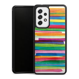 DeinDesign Galaxy A53 5G Handy Gallery Case Handyh&uuml;lle 9H Geh&auml;rtetes Glas R&uuml;ckseite H&uuml;lle Water Colour Stripes Colourful Gallery Case