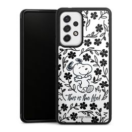 DeinDesign Galaxy A53 5G Handy Gallery Case Handyh&uuml;lle 9H Geh&auml;rtetes Glas R&uuml;ckseite H&uuml;lle Peanuts Flowers Snoopy Gallery Case