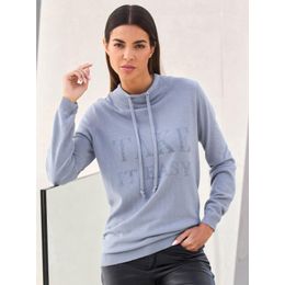 Heine Witt Damen Stehkragenpullover mit Glitzersteinchen-Schriftzug, taubenblau, Gr&ouml;&szlig;e 36