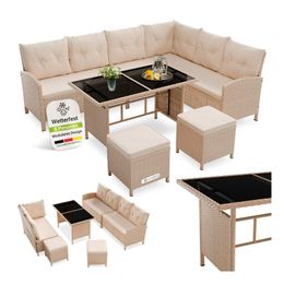 Juskys Gartenlounge Manacor creme - Sofa, Tisch, Hocker & Kissen - 8 Personen - Sitzbez&uuml;ge in Sand