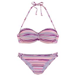 Venice Beach Damen B&uuml;gel-Bandeau-Bikini, rosa, Gr. 36, bedruckt, gestreift, Recycling-Polyamid, Bikini-Sets, mit H&auml;kelkanten