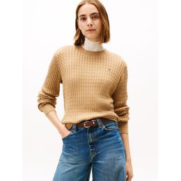 Tommy Hilfiger Damen Rundhalspullover "CO CABLE C-NK LS SWEATER", beige, Gr. XXL, unifarben, Strick, Obermaterial: 100% Baumwolle, Pullover,