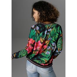 Damen Shirtbluse, bunt, Gr. 34, Aniston SELECTED, bedruckt, gebl&uuml;mt, Cr&ecirc;pe, Obermaterial: 95% Polyester, 5% Elasthan, Blusen, mit gestreiften B&uuml;ndchen