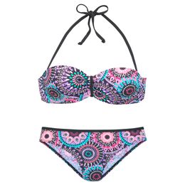 Lascana Damen B&uuml;gel-Bandeau-Bikini, lila, Gr. 34, bedruckt, Recycling-Polyamid, Bikini-Sets, mit kontrastfarbigen Details