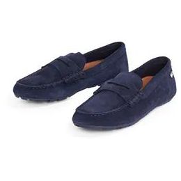 Slipper Tommy Hilfiger "FLAG SOFT SUEDE DRIVER LOAFER", Damen, Gr. 36, blau (dunkelblau), Veloursleder, unifarben, Schuhe Slipper, Schlupfschuh, Bequemschuh, Mokassin, Flats mit modischen Zierriegel