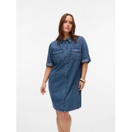 Jeanskleid Vero Moda CURVE "VMCJENNIE SS SHORT DENIM DRESS GA CUR", Damen, Gr. 50, N-Gr, medium blau denim, Denim/Jeans, Obermaterial: 90% Baumwolle, 10% Viskose, unifarben, regular fit kurz, mit Umschlag, Kleider Jeanskleid