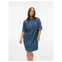 Jeanskleid Vero Moda CURVE "VMCJENNIE SS SHORT DENIM DRESS GA CUR", Damen, Gr. 50, N-Gr, medium blau denim, Denim/Jeans, Obermaterial: 90% Baumwolle, 10% Viskose, unifarben, regular fit kurz, mit Umschlag, Kleider