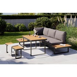 Ambia Garden Dining-Loungeset, Anthrazit, Natur, Metall, Kunststoff, Textil, 4-teilig, F&uuml;llung: Schaumstoff,Polyester, seitenverkehrt montierbar, einzeln stellbar, 253x70x175 cm, Loungem&ouml;bel, Gartenlounge-Sets
