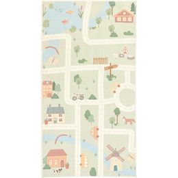 Lindorug Kinderteppich Living Ecovia, waschbar, Pastellblau, Salbeigr&uuml;n, Aprikose, Textil, Bauernhof, rechteckig, 80x150 cm, Oeko-Tex&reg; Standard 100, f&uuml;r Fu&szlig;bodenheizung geeignet, rutschfest, in verschiedenen Gr&ouml;&szlig;en erh&auml;ltlich, wasserabweisend, schmutzabweisend, Hausstauballergiker feuchtraumgeeignet, stuhlrollengeeignet, waschbar, pflegeleicht, strapazierf&auml;hig, rei&szlig;fest, rutschfeste Unterfl&auml;che, v